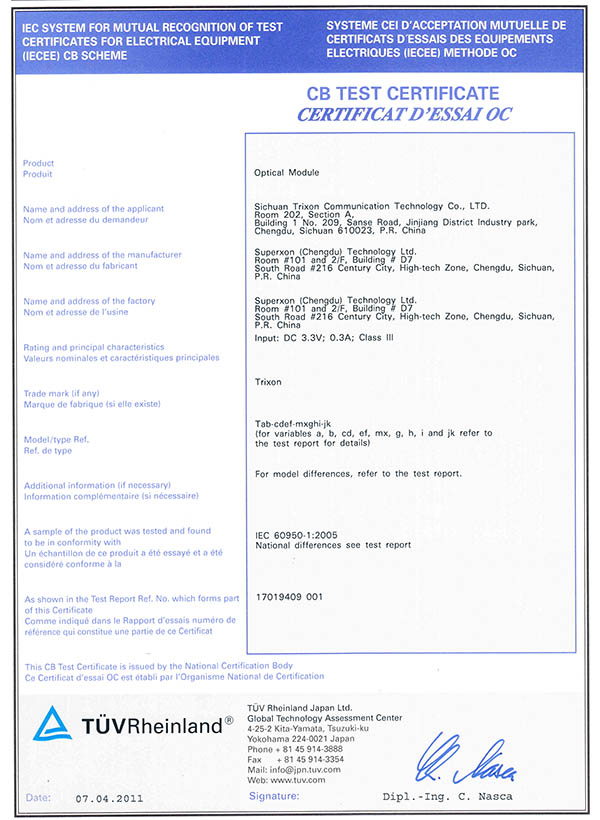Product Certificate - Sichuan Trixon Communication Technology Corp.,Ltd.